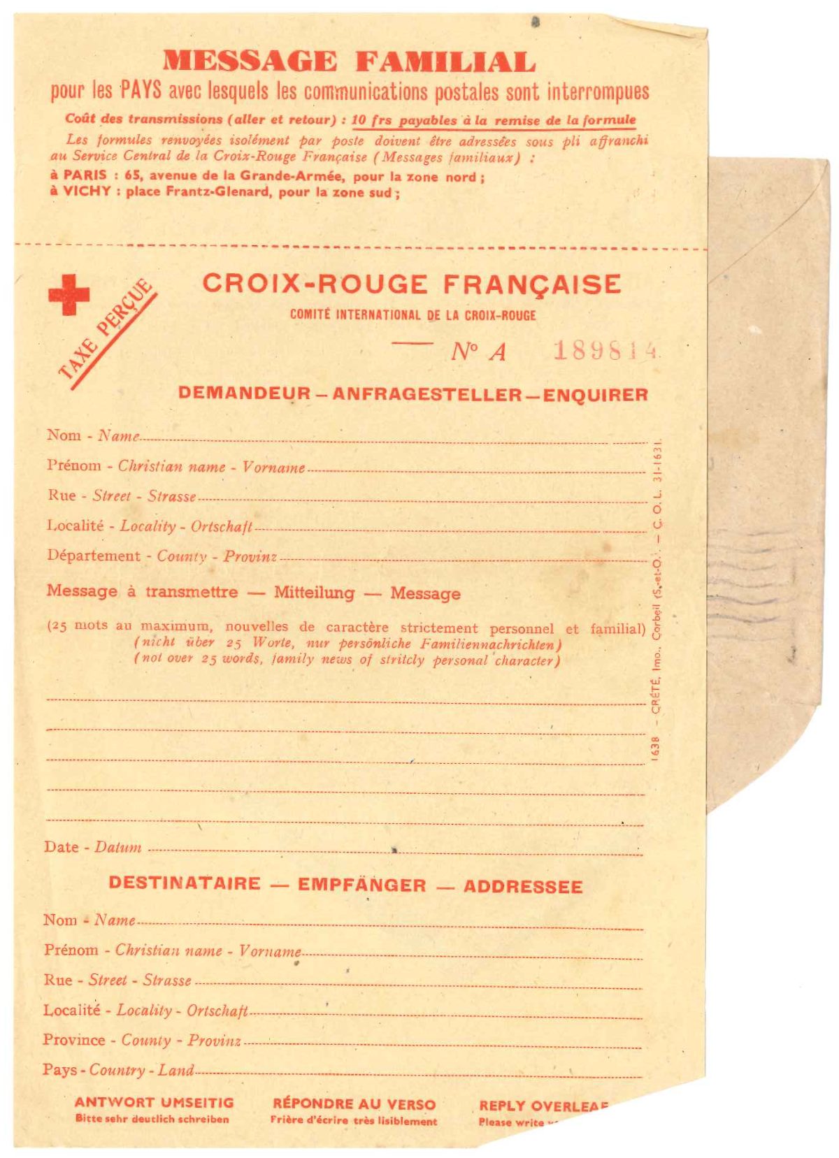 DO054 - Formulaire message familial Croix-Rouge - Résistance et ...