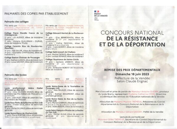 Palmarès du CNRD 2023 - Résistance et Déportation - Vendée